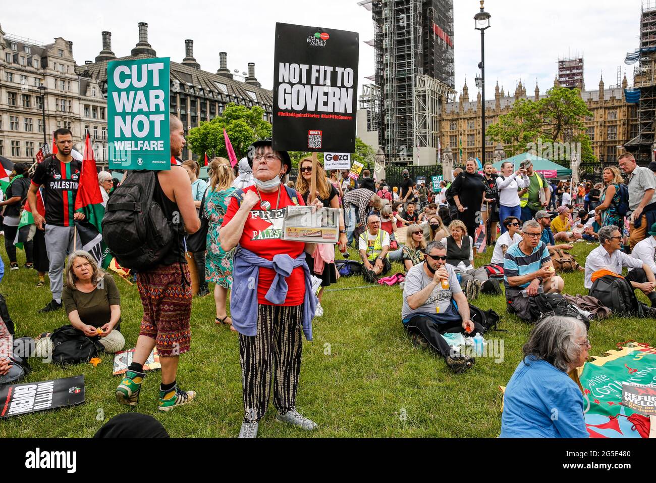 London, UK on June 26, 2021: Anti-government activists protest in front ...