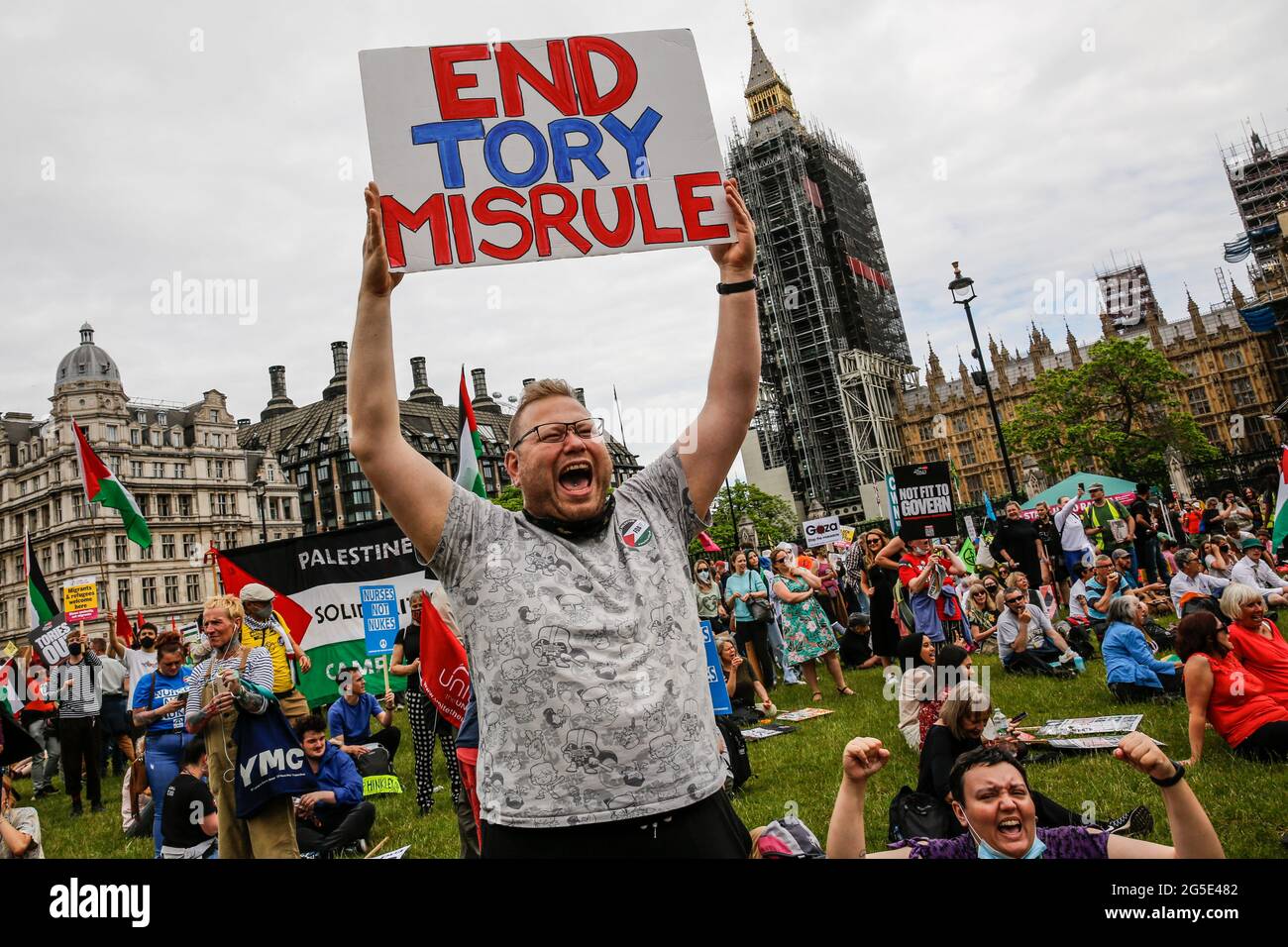 London, UK on June 26, 2021: Anti-government activists protest in front ...