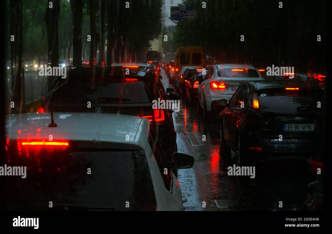 Bucharest, Romania - June 16, 2021: The cars are waiting at the red ...