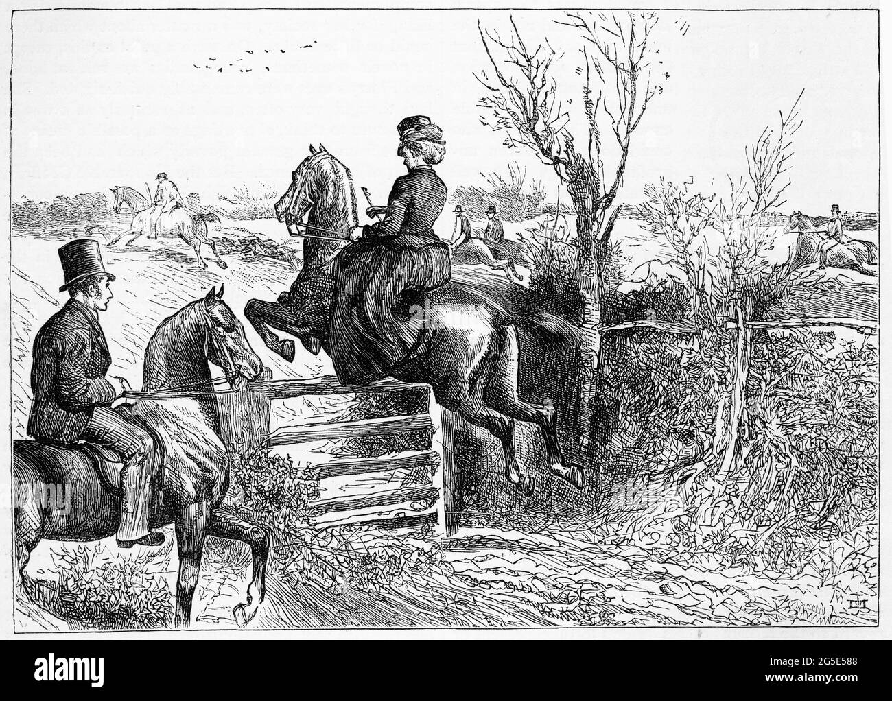 Engraving of a well-dressed woman jumping her horse over a gate while ...