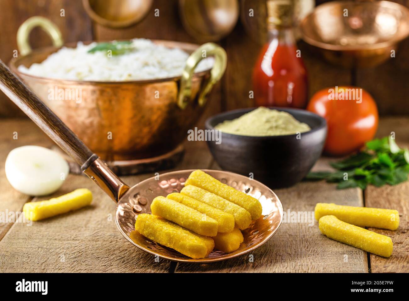 Brazilian cuisine, called polenta, traditional brazilian fries, with ...