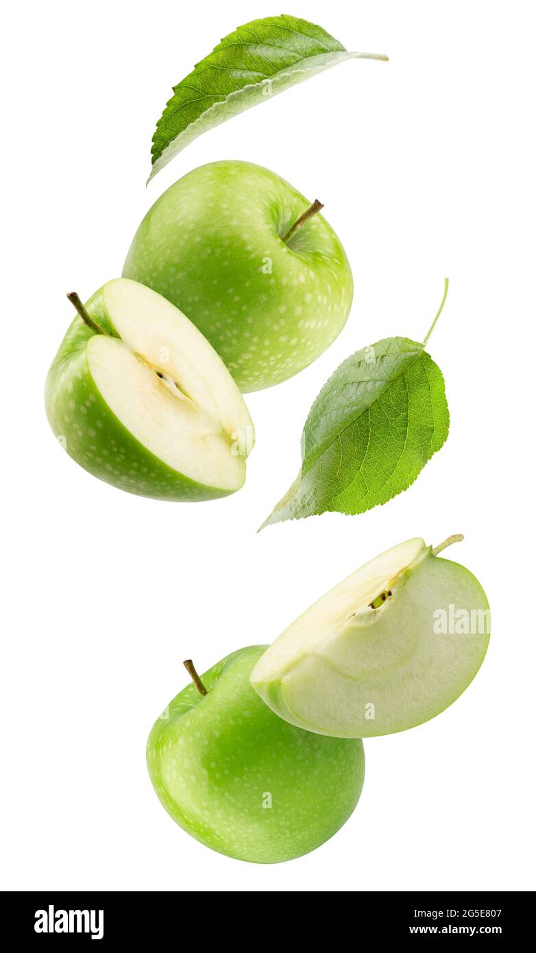 falling green apples with slices isolated on a white background Stock ...