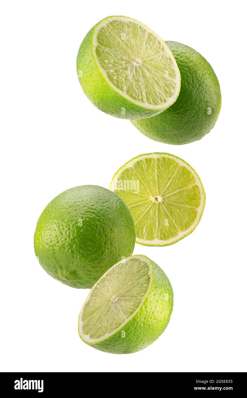 falling lime slices isolated on a white background Stock Photo - Alamy