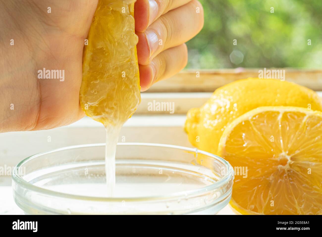 hand holding a cut slice of lemon and squeeze the fresh juice to the ...