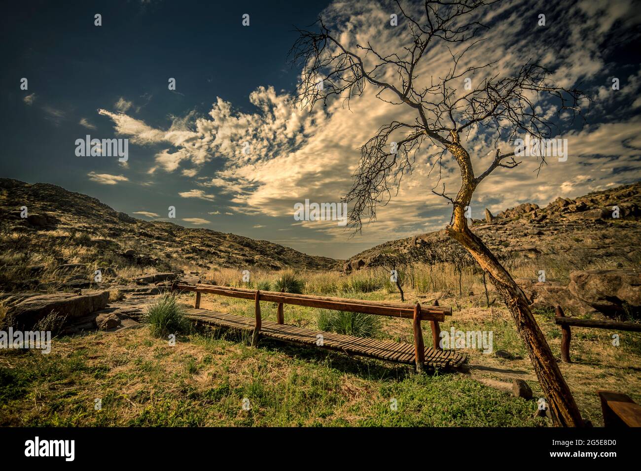 Little wooden bridge in a desertic zone in Lihué Calel National Park ...