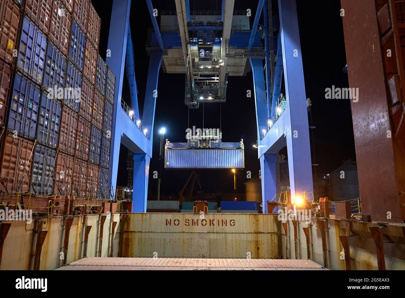 Container ship at sea port under operation on loading. industrial port ...
