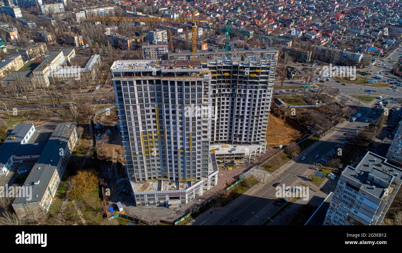 Construction of high-rise residential building. Aerial view of ...