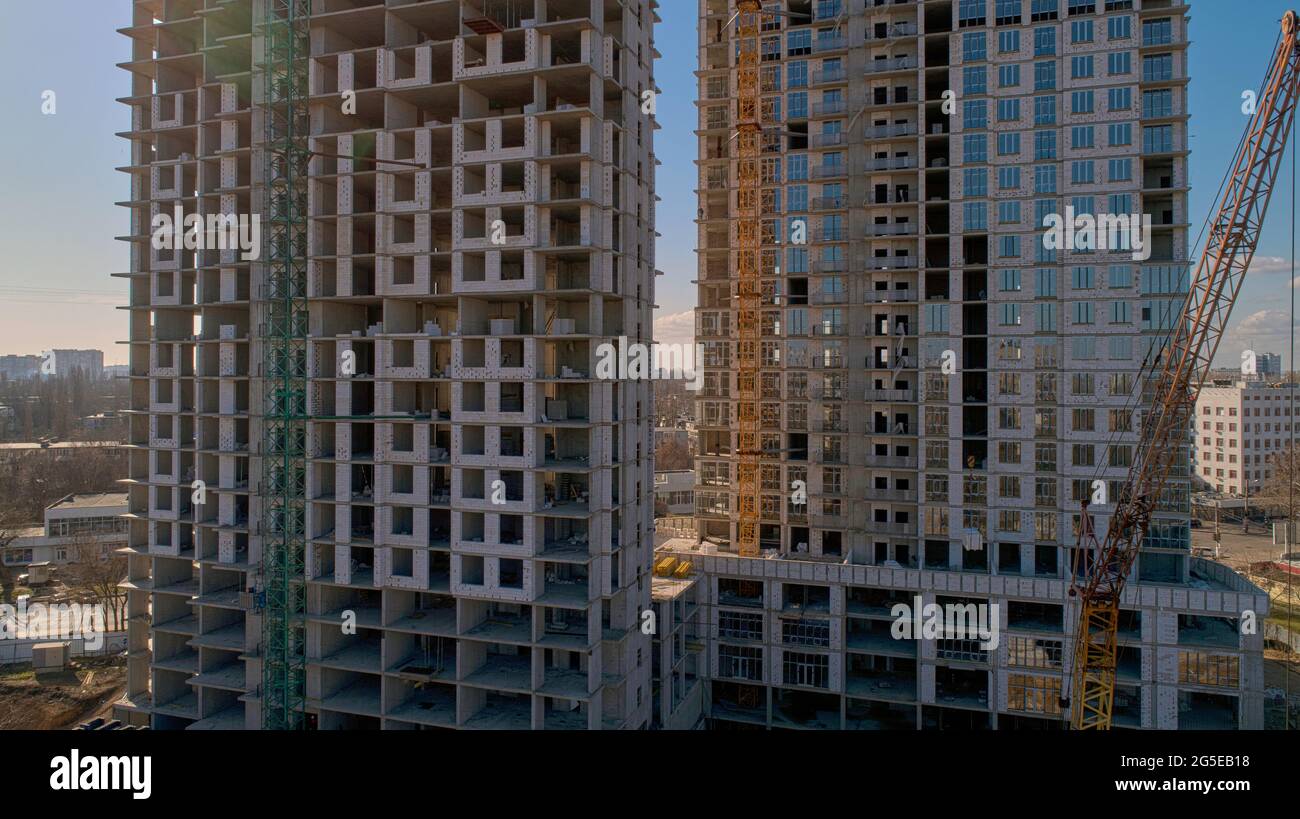 Construction of high-rise residential building. Aerial view of ...