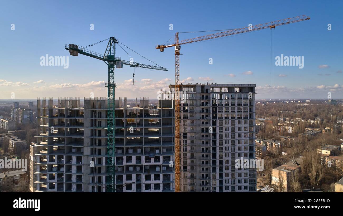 Construction of high-rise residential building. Aerial view of ...