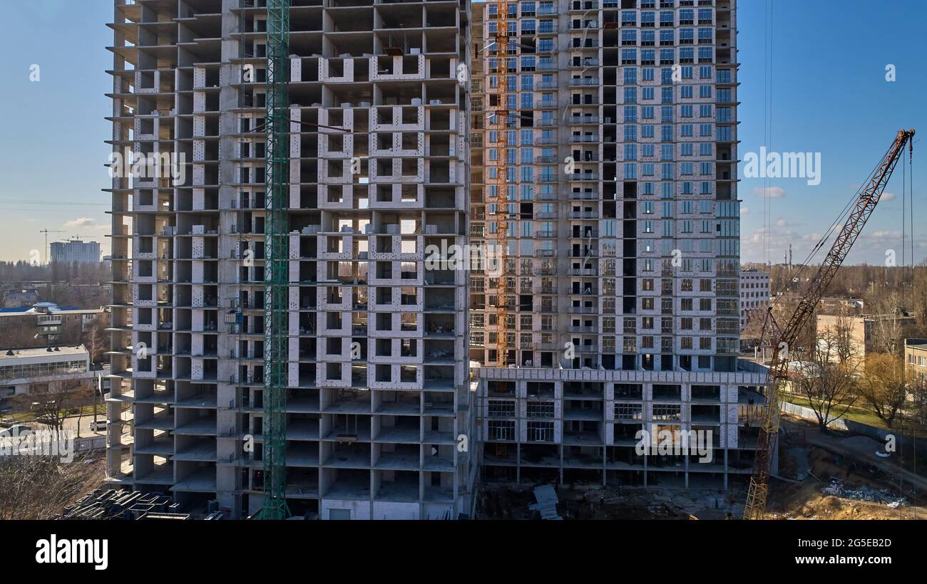 Construction of high-rise residential building. Aerial view of ...