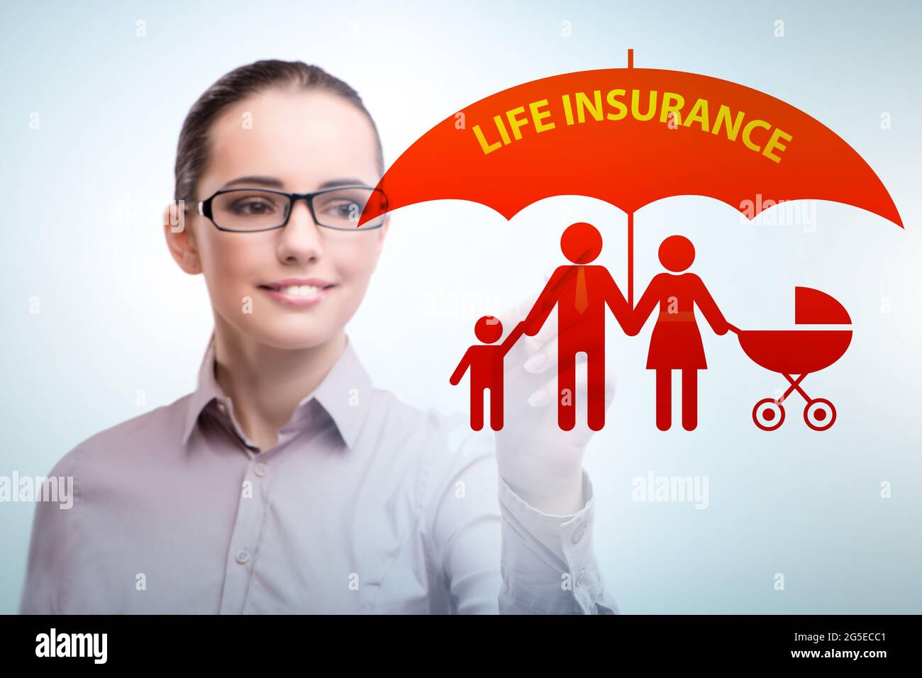 Life insurance concept with the businesswoman pressing button Stock ...