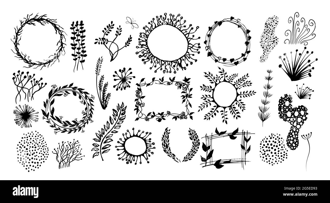 Graphic abstract round frames. Handmade. Floral elements set. Vector illustration Stock Vector ...