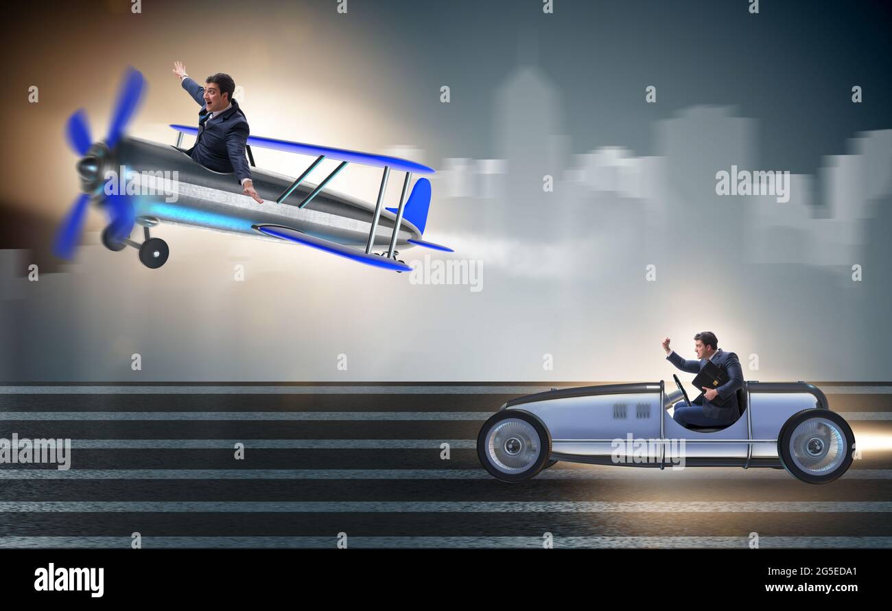 The businessman racing on car and airplane Stock Photo - Alamy