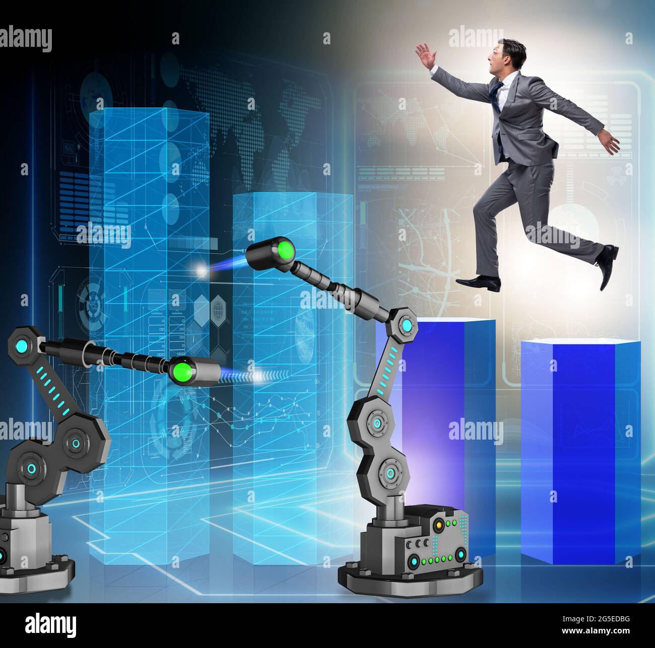 The businessman walking up the chart supported by robotic arm Stock ...