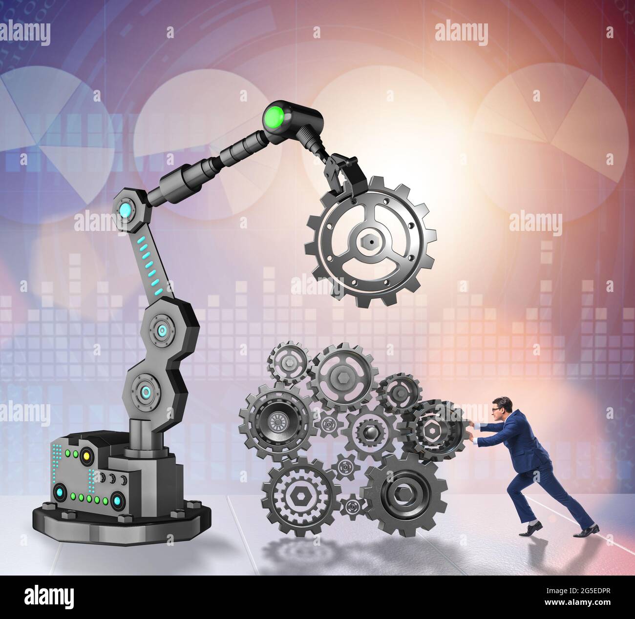 The businesspeople with cogwheel and robotic arm Stock Photo - Alamy