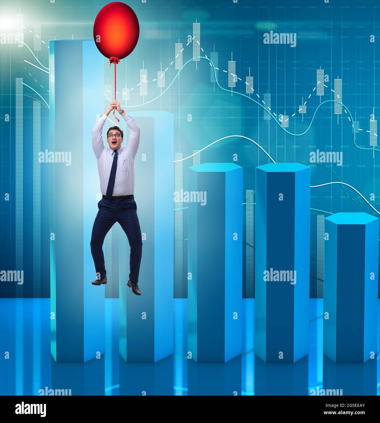 The businessman flying on hot balloon over graph Stock Photo - Alamy