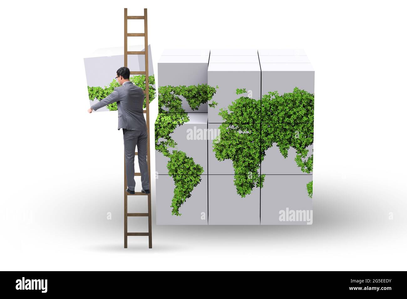 Businessman building world map from the cubes Stock Photo - Alamy