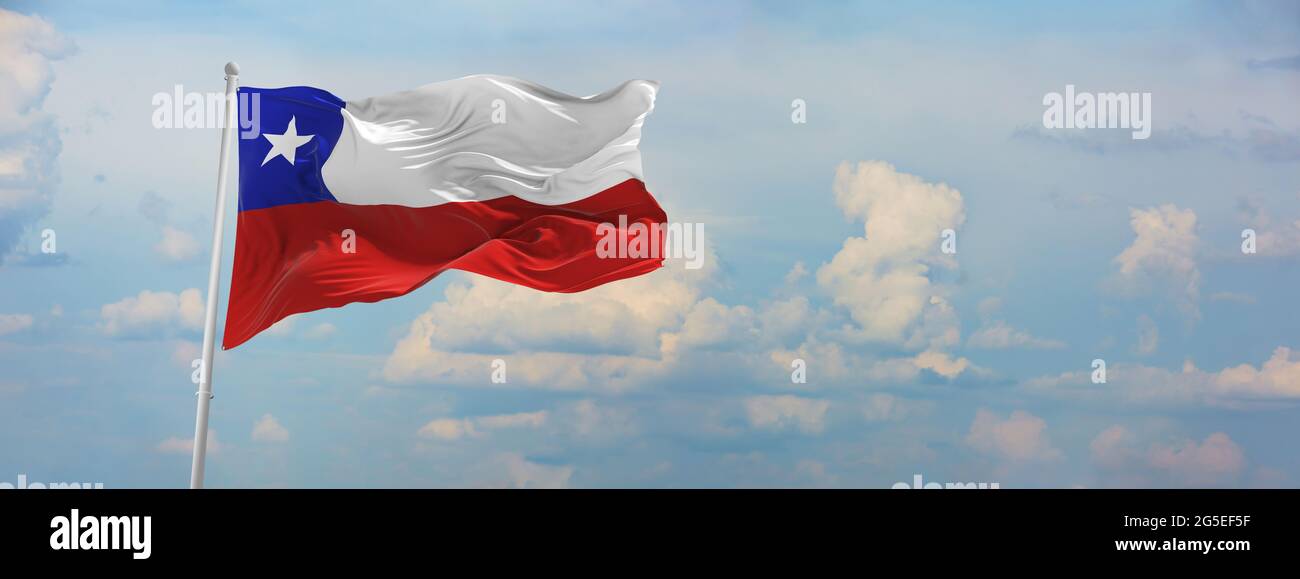 flag of Chile at cloudy sky background on sunset, panoramic view ...