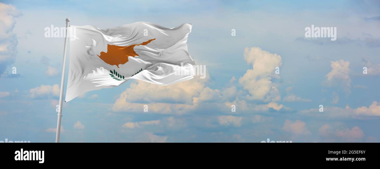 flag of Cyprus at cloudy sky background on sunset, panoramic view ...
