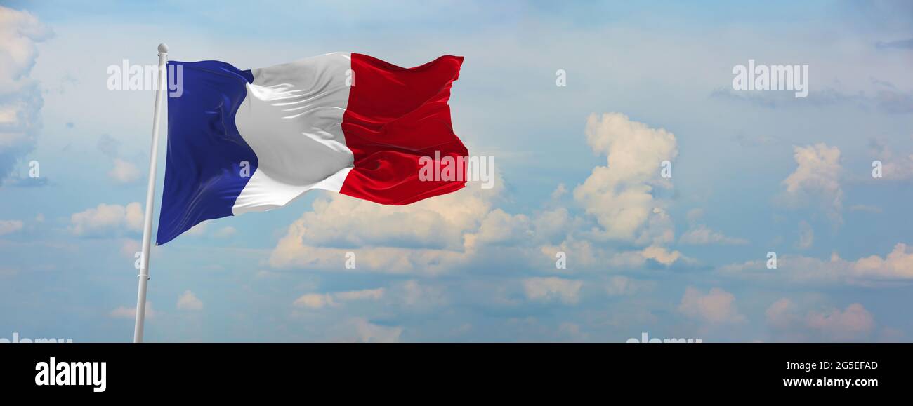 flag of France at cloudy sky background on sunset, panoramic view ...