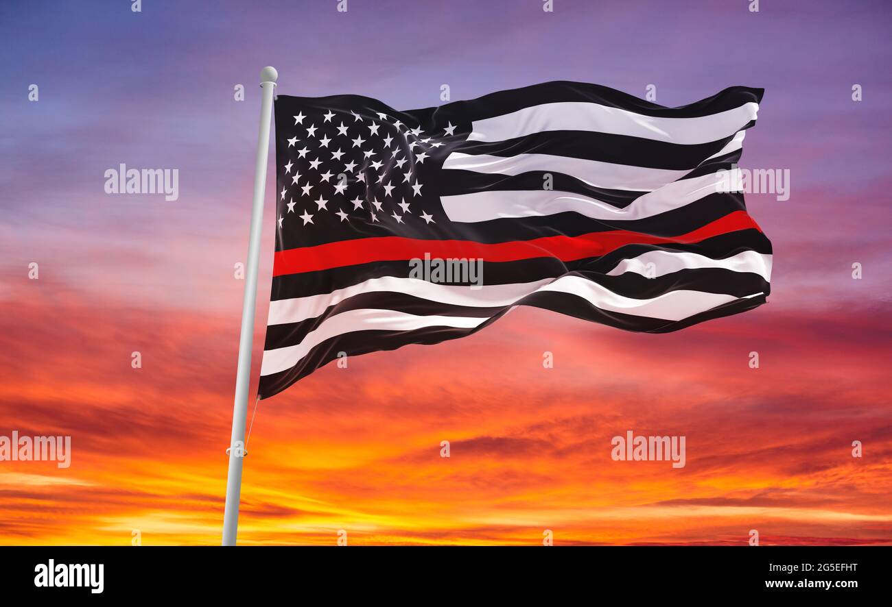 Thin Red Line. Black Flag of USA with Firefighter red Line waving in ...