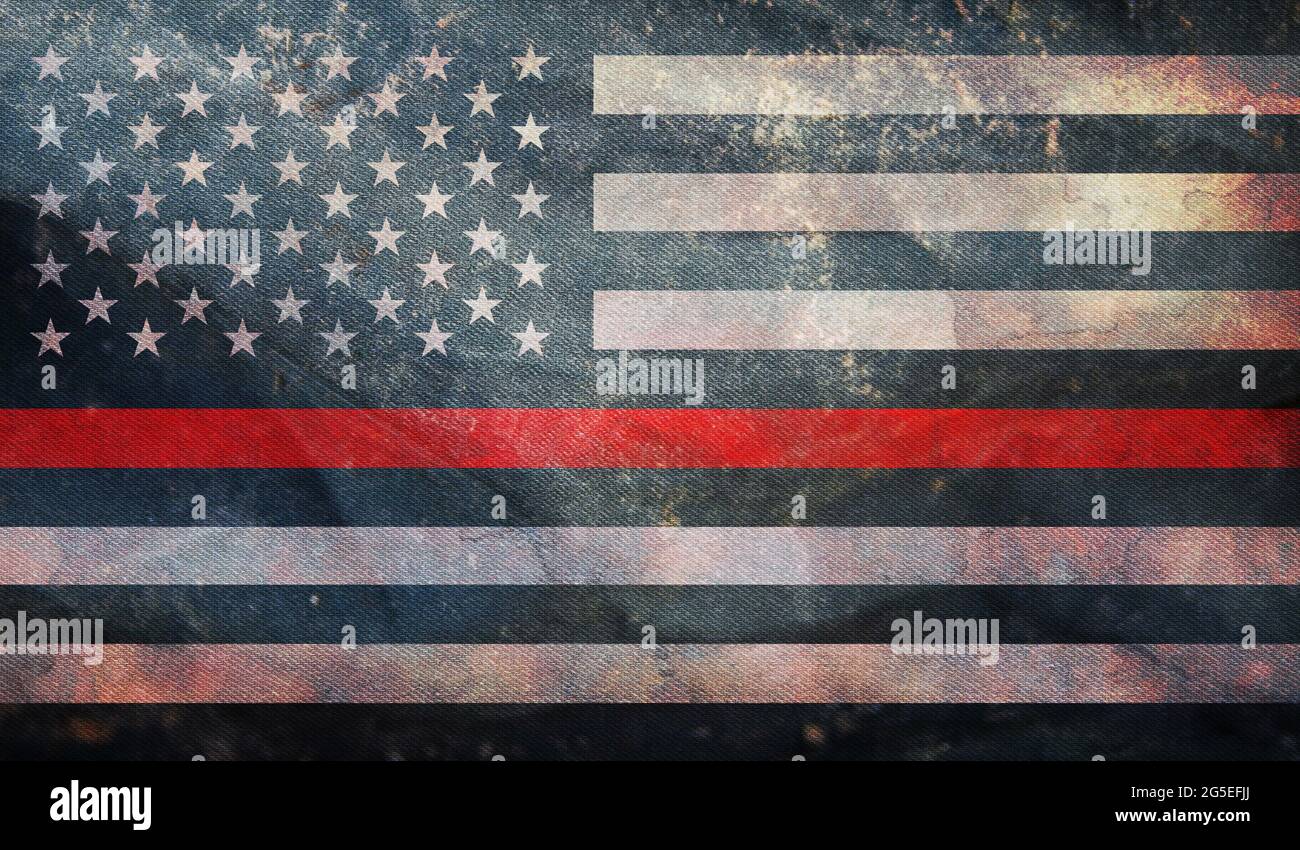 Thin Red Line. Black Flag of USA with Firefighter red Line waving in ...