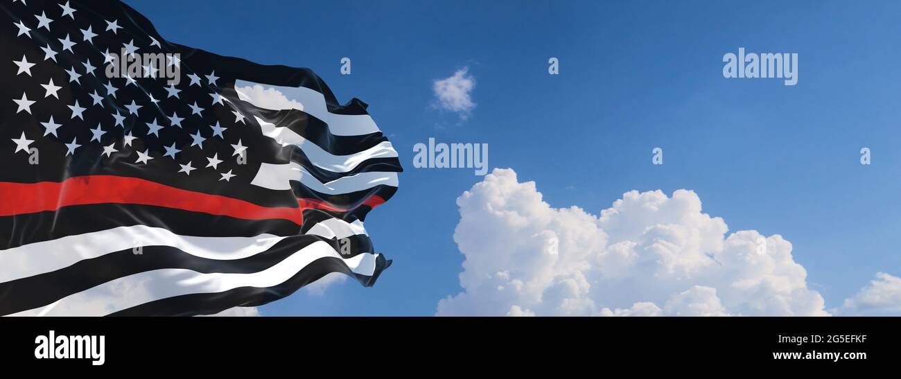 Thin Red Line. Black Flag of USA with Firefighter red Line waving in ...
