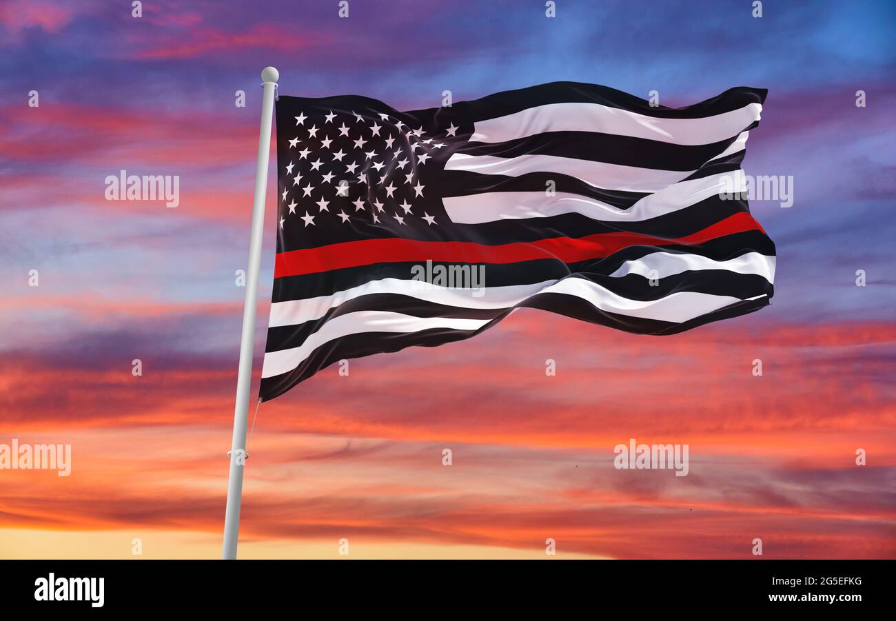 Thin Red Line. Black Flag of USA with Firefighter red Line waving in ...