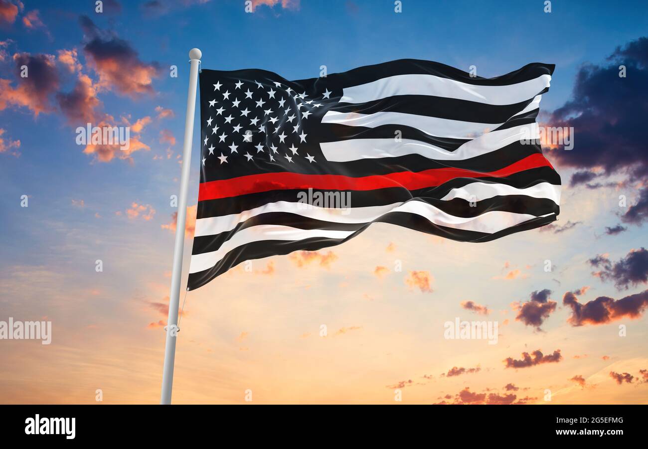 Thin Red Line. Black Flag of USA with Firefighter red Line waving in ...