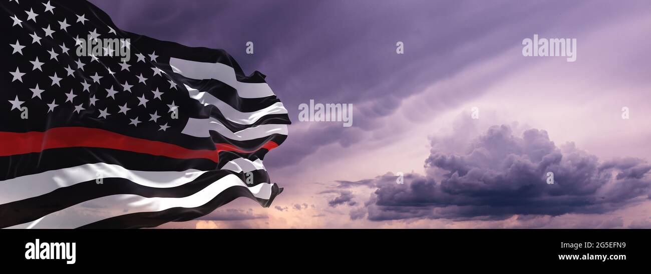 Thin Red Line. Black Flag of USA with Firefighter red Line waving in ...