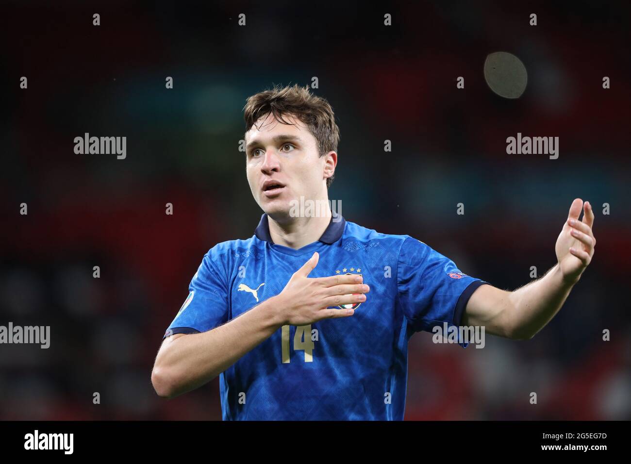 London, UK. 26th June, 2021. Federico Chiesa (I) celebrates scoring the ...