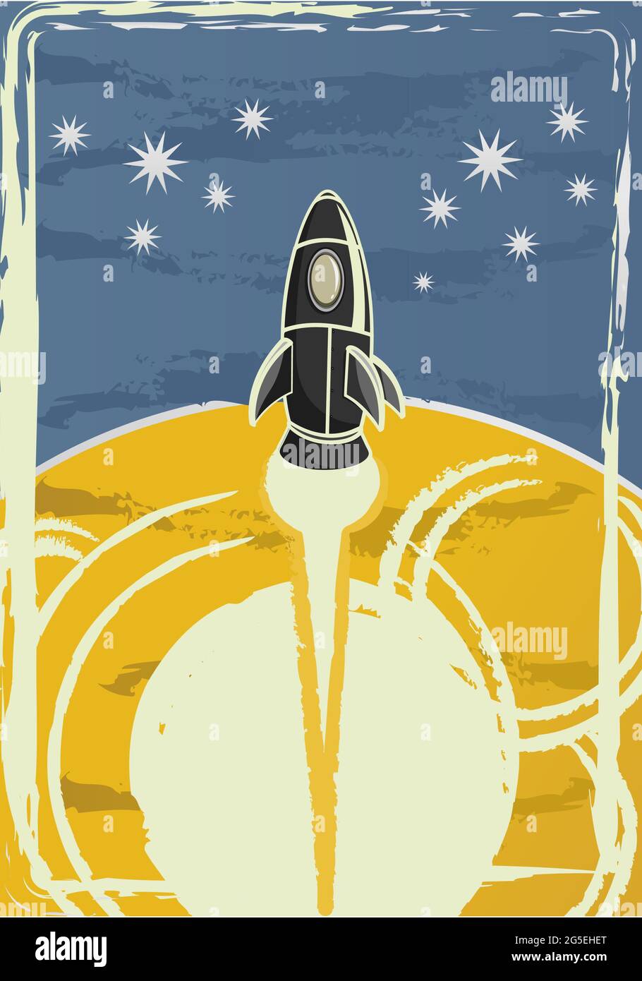 illustration of a vintage rocket launch to stars concept on space ...