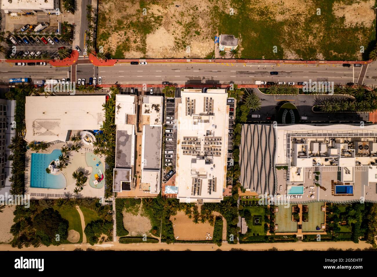 Aerial rooftop inspection Miami Beach condominiums USA Stock Photo - Alamy
