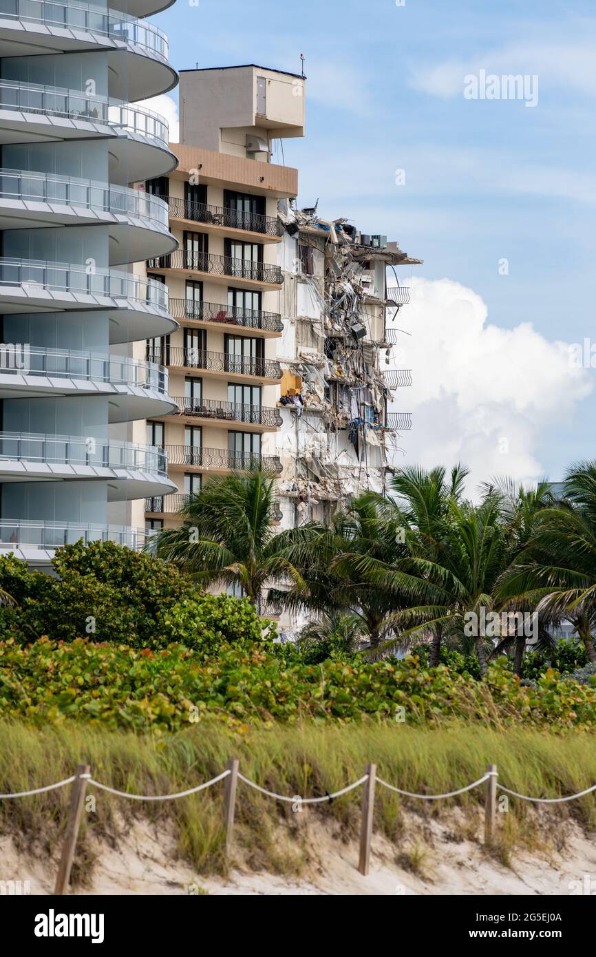 Miami Beach Surfside, FL, USA - June 26, 2021: Champlain Towers remains ...
