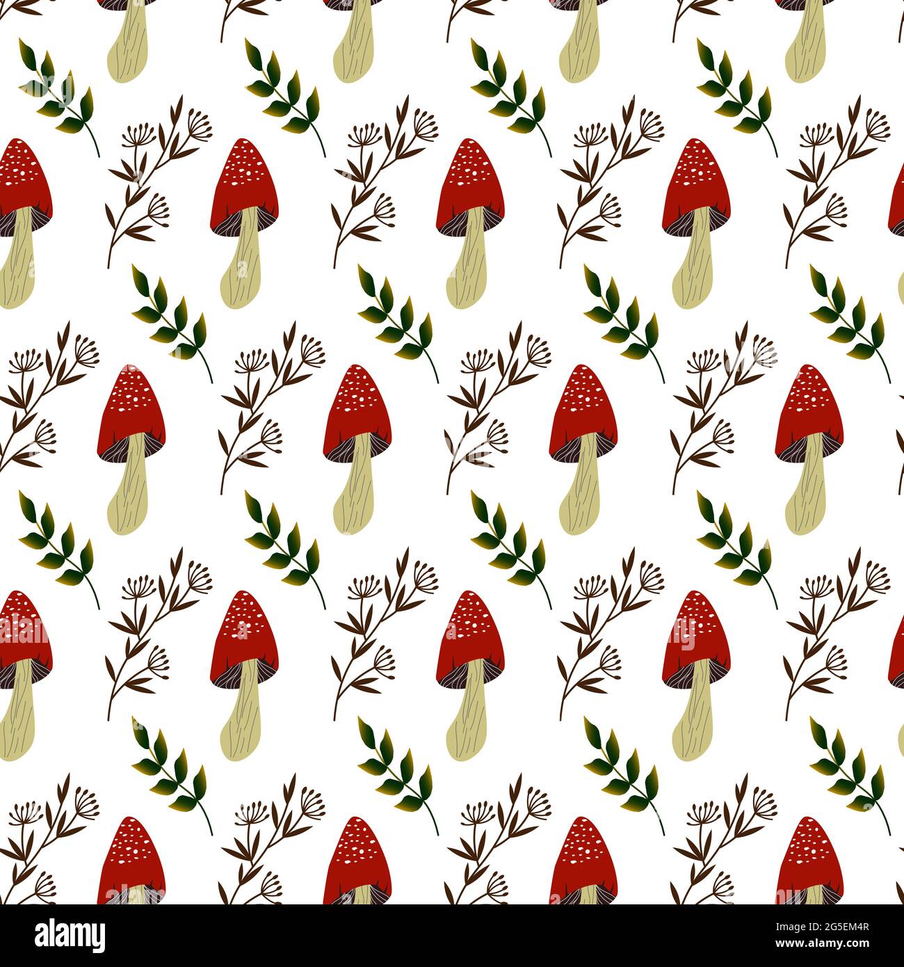 Pattern with fly agarics, leaves and herbs Stock Vector Image & Art - Alamy