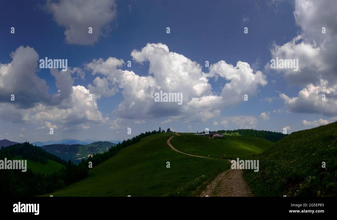 long curvy path on a wonderful green hill in a mountain landscape ...