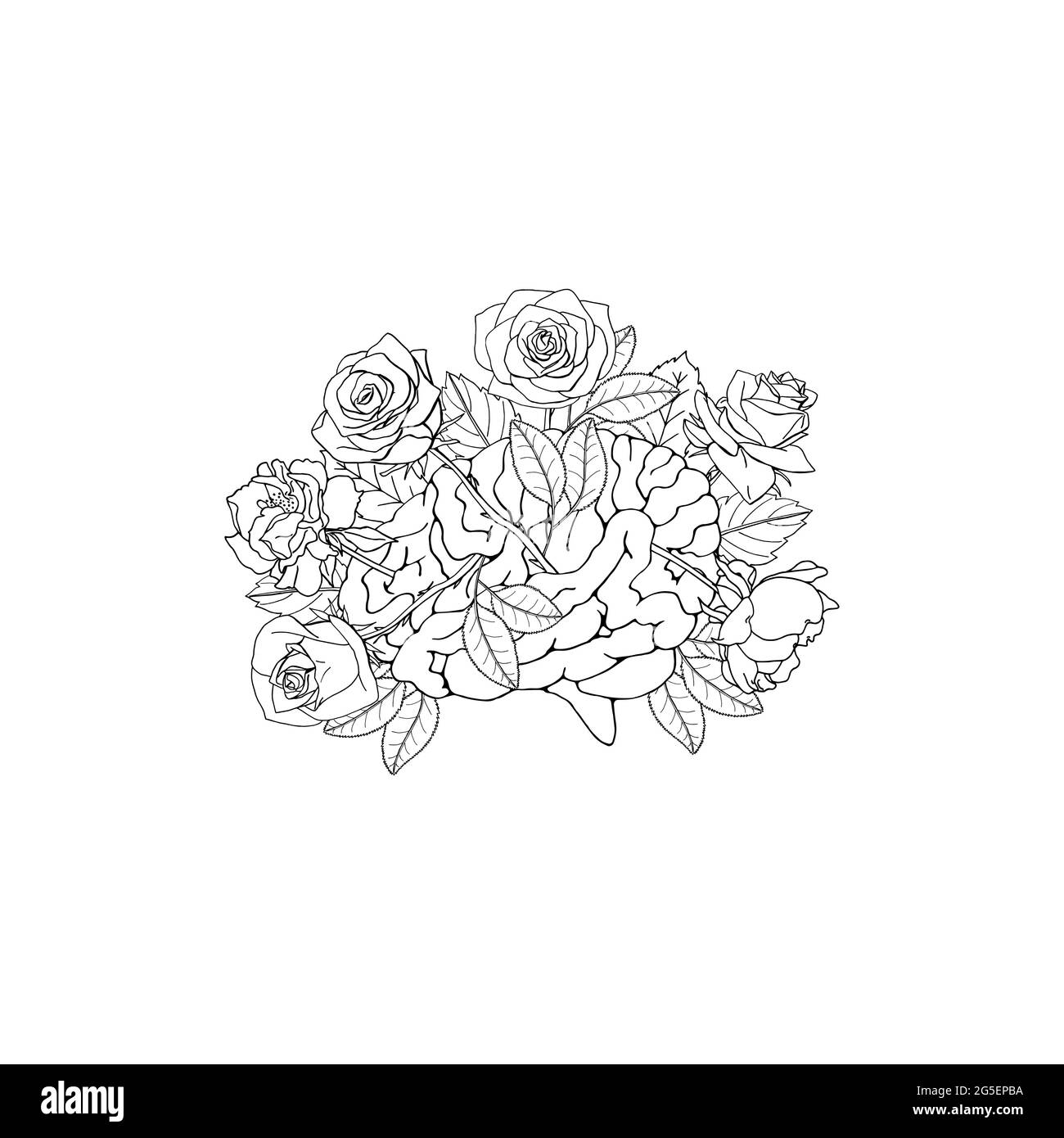 Line art illustration of hand drawn brain with floral decoration ...