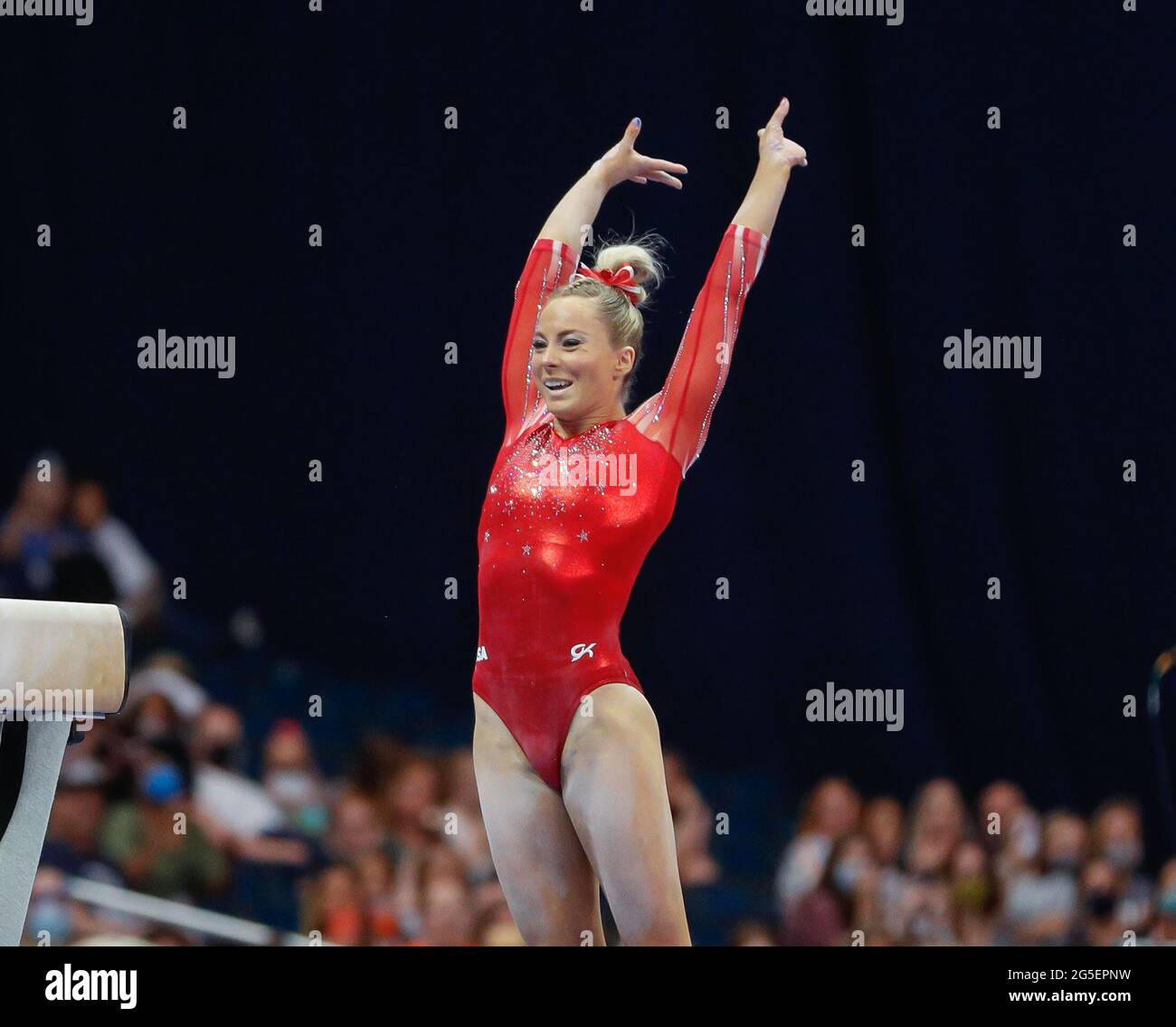 June 25, 2021: MyKayla Skinner lands her balance beam dismount during ...