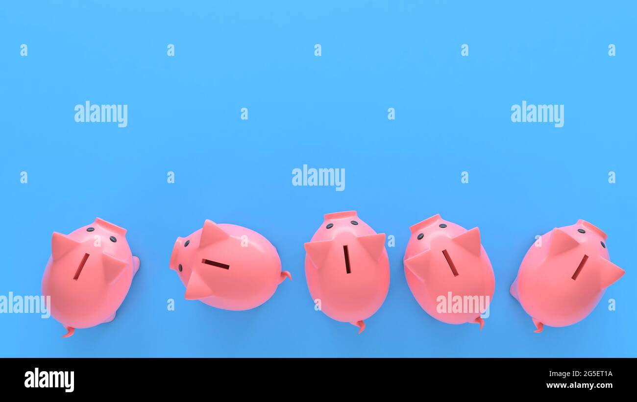 Pink piggy banks on a blue background. Copy space for text. 3d render ...