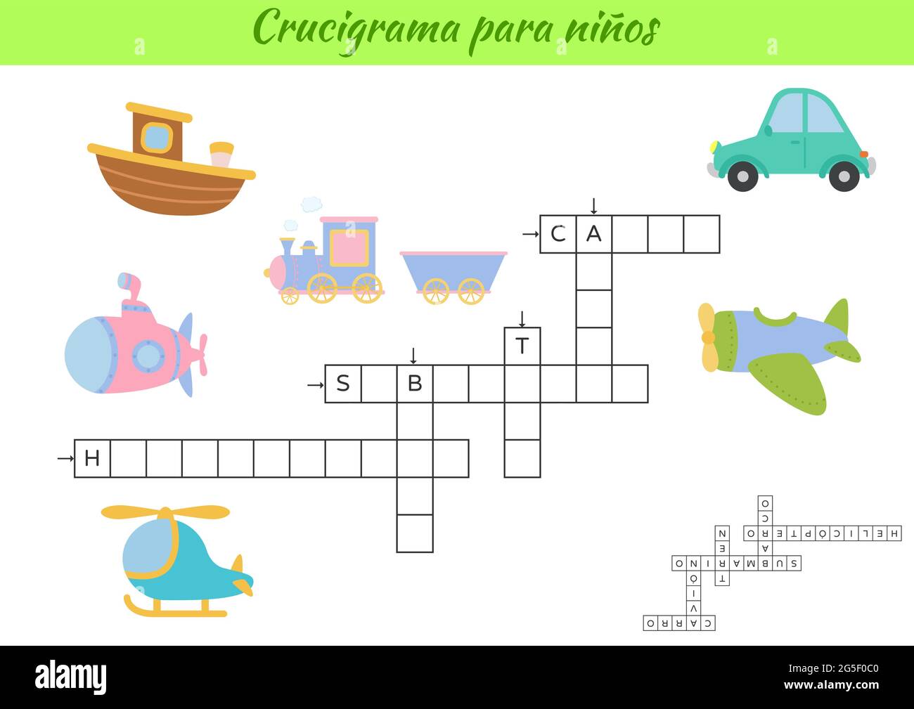 Crossword for kids in Spanish with pictures of transport. Educational ...