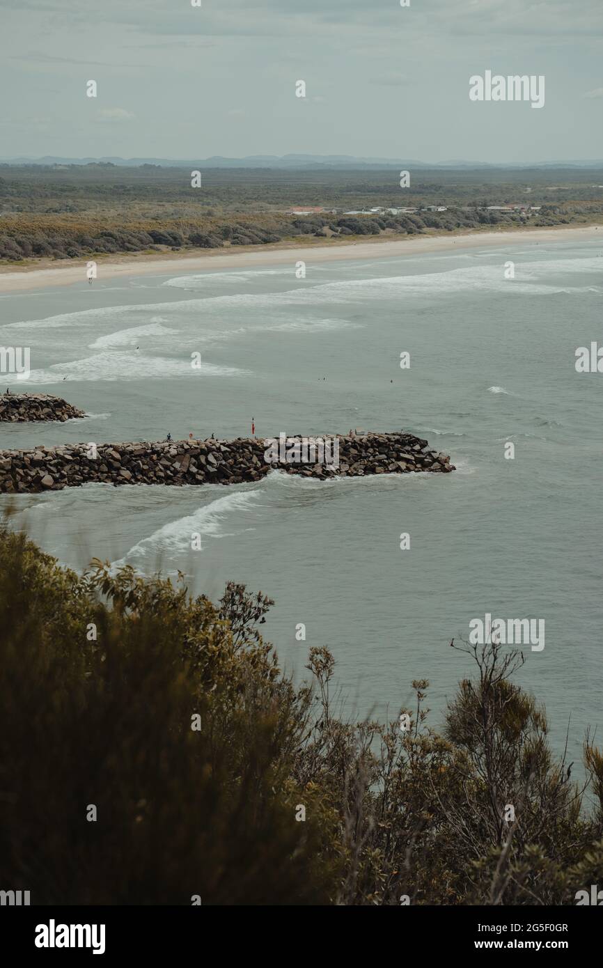 Evan's Head main beach and breakwall as seen from Razorback Lookout ...