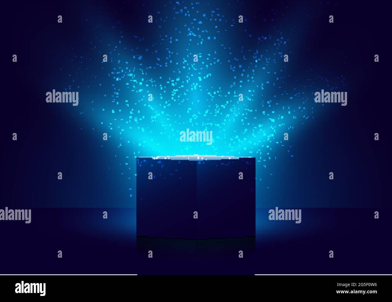 3D blue mystery box with Illuminated lighting glitter on dark ...