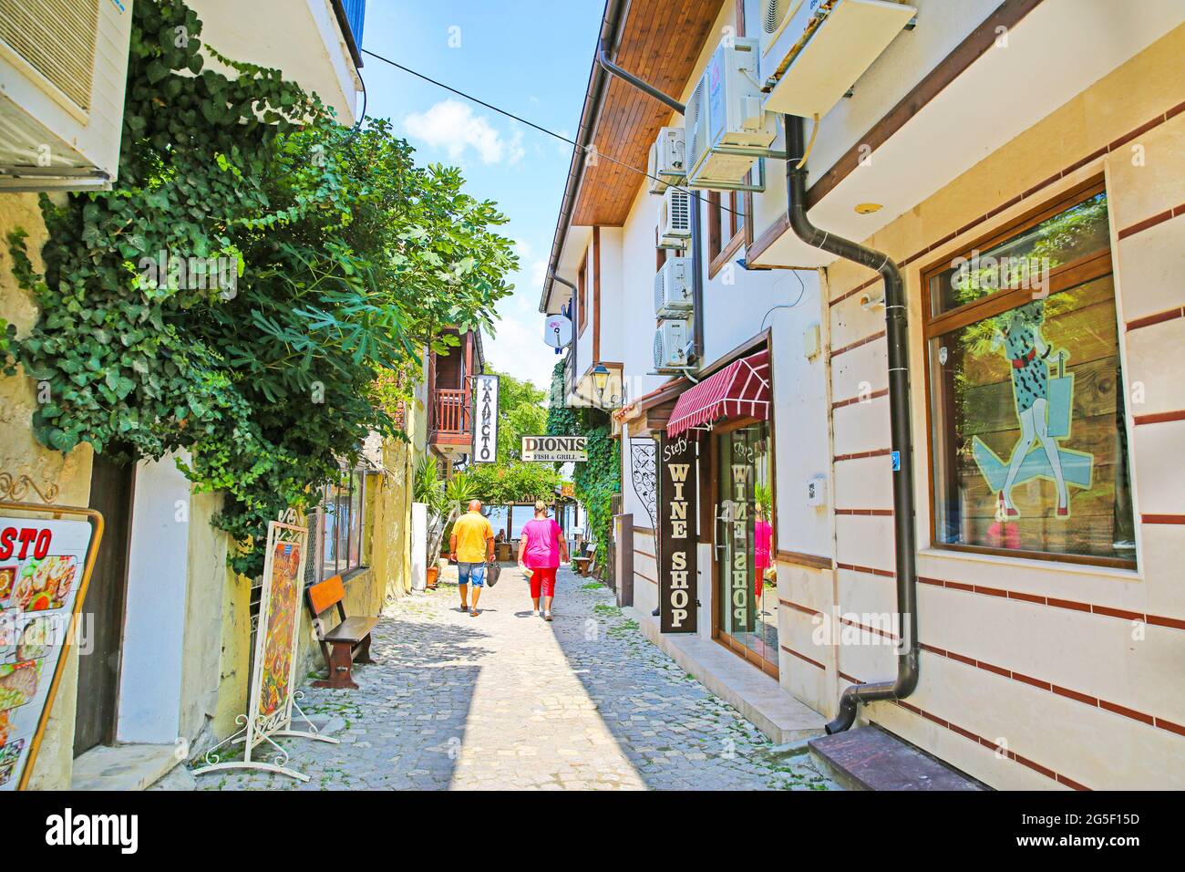 29 of July 2019, Nessebar Bulgaria. Narrow street with souvenir shop ...