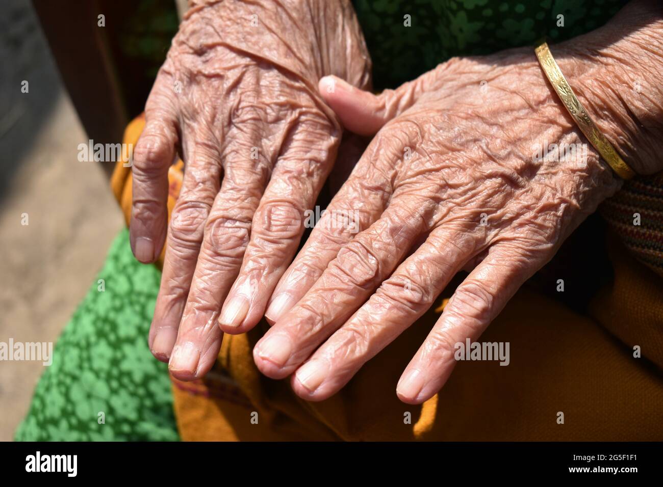 A closeup of two fair, wrinkly hands of an old lady - concept of aging ...