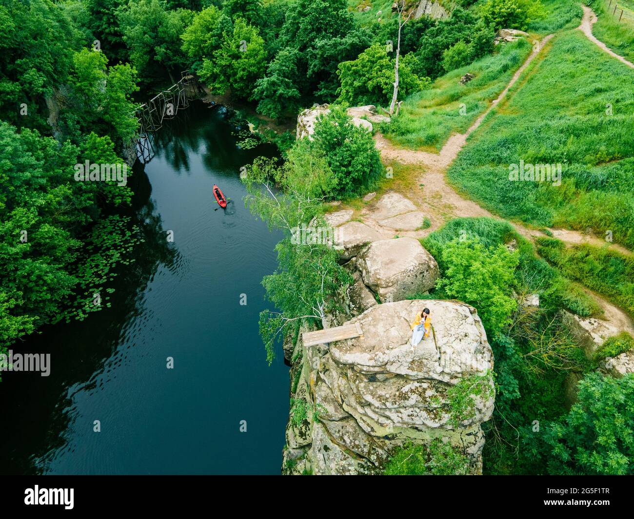 overhead top view of kayak in canyon travel summertime activities on ...