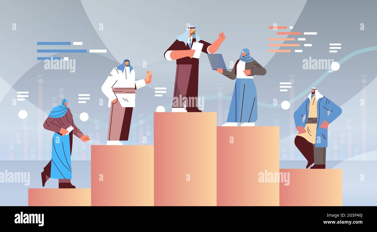 arab businesspeople standing on graph column teamwork leadership ...