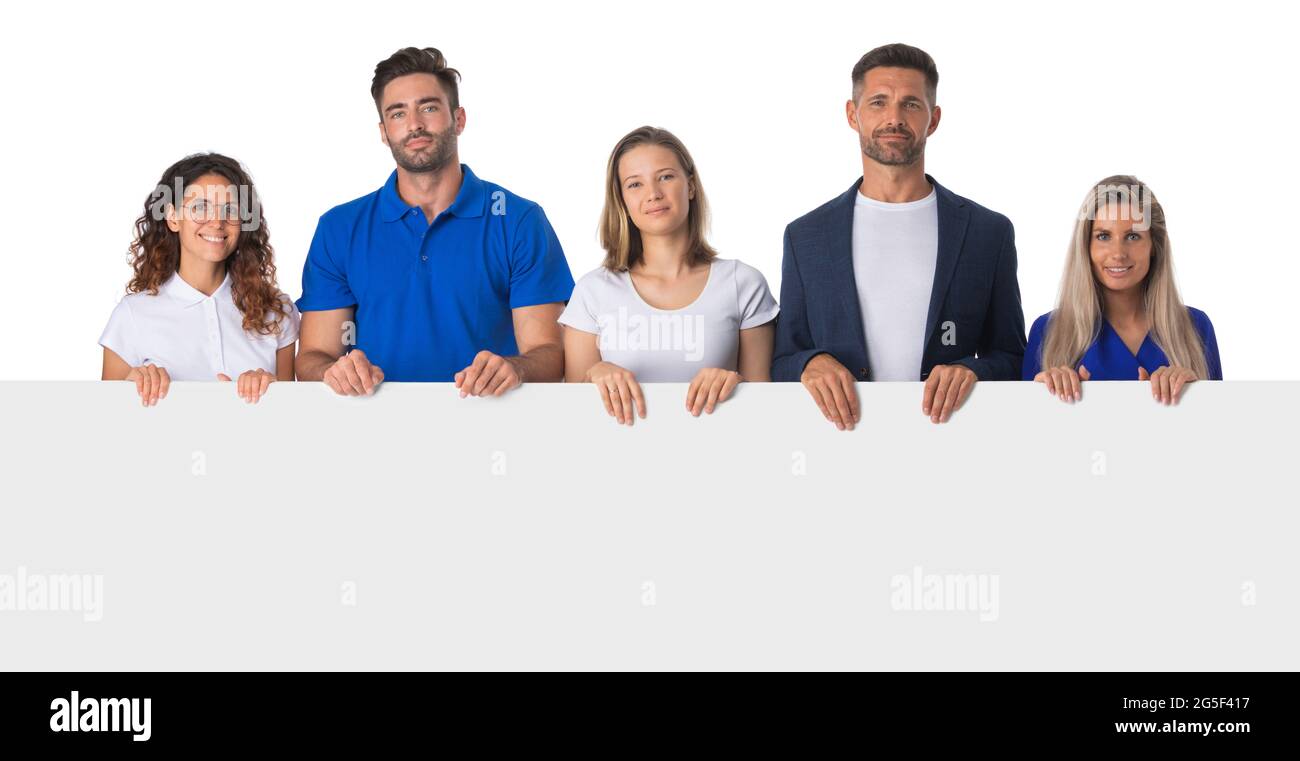 Group of hapy people standing together and holding a blank sign for ...