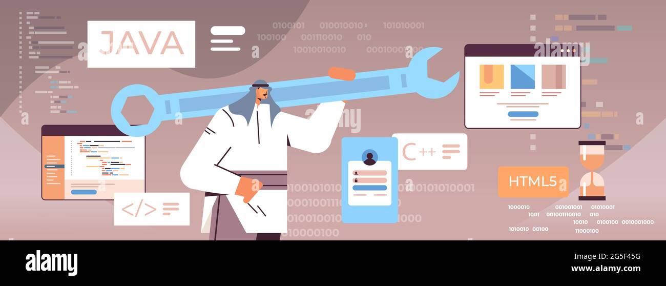Arab Man Programmer Holding Wrench Developer Optimizes Software Engineering Coding Programming