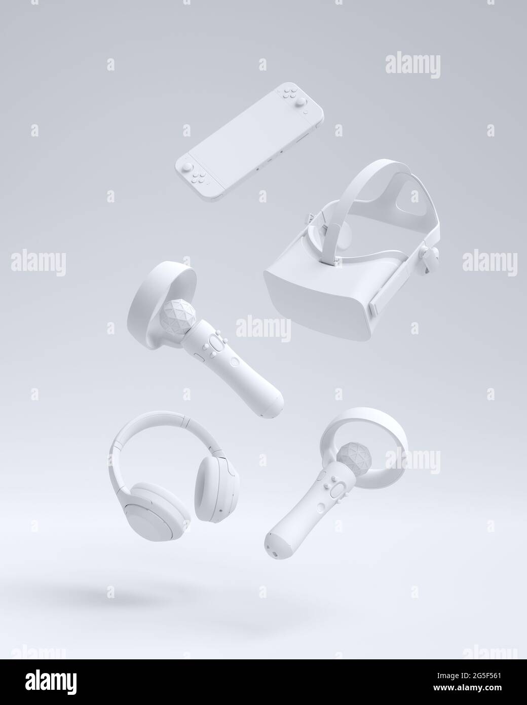 Flying gamer gears like joystick, headphones, VR glasses and controlers ...