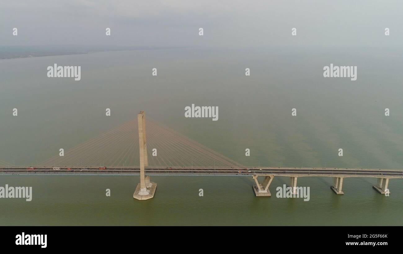 aerial view suspension cable bridge Suramadu over madura strait ...